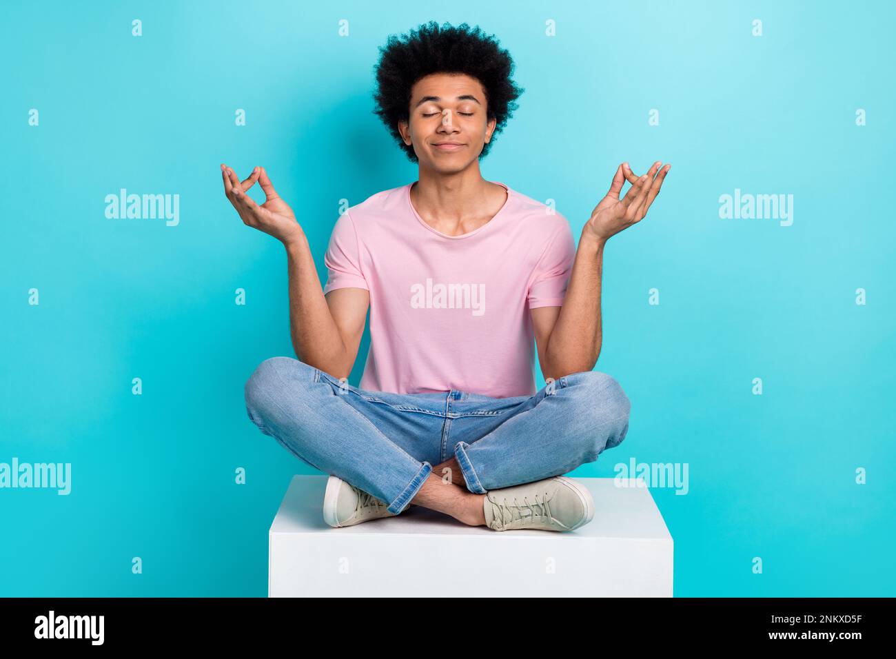 Full length photo of satisfied closed eyes handsome guy fingers ...