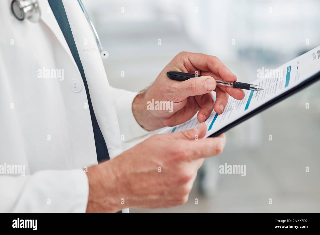 Doctor, reading or hands writing checklist for healthcare consulting ...