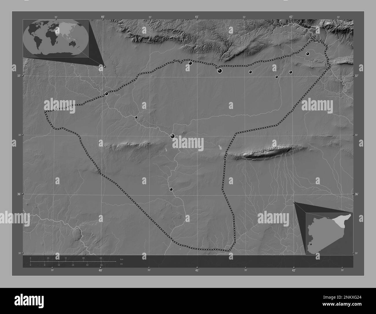 Al Hasakah, province of Syria. Bilevel elevation map with lakes and ...