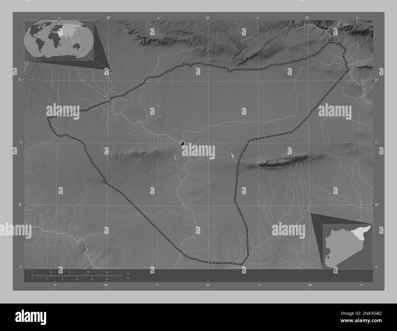 Al Hasakah, province of Syria. Grayscale elevation map with lakes and ...