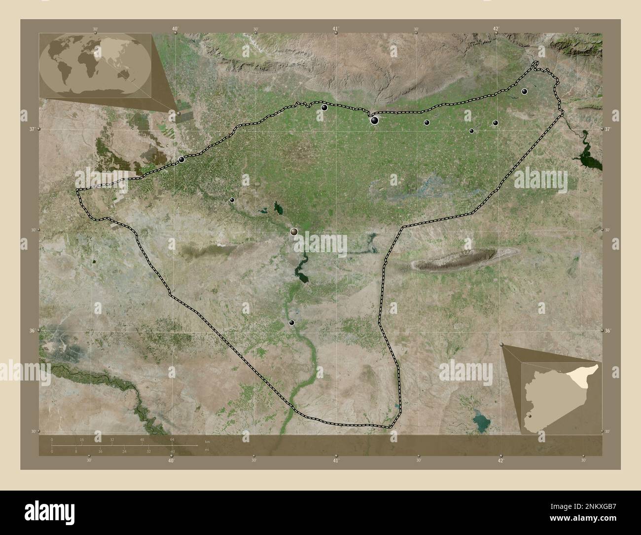 Al Hasakah, province of Syria. High resolution satellite map. Locations of major cities of the ...