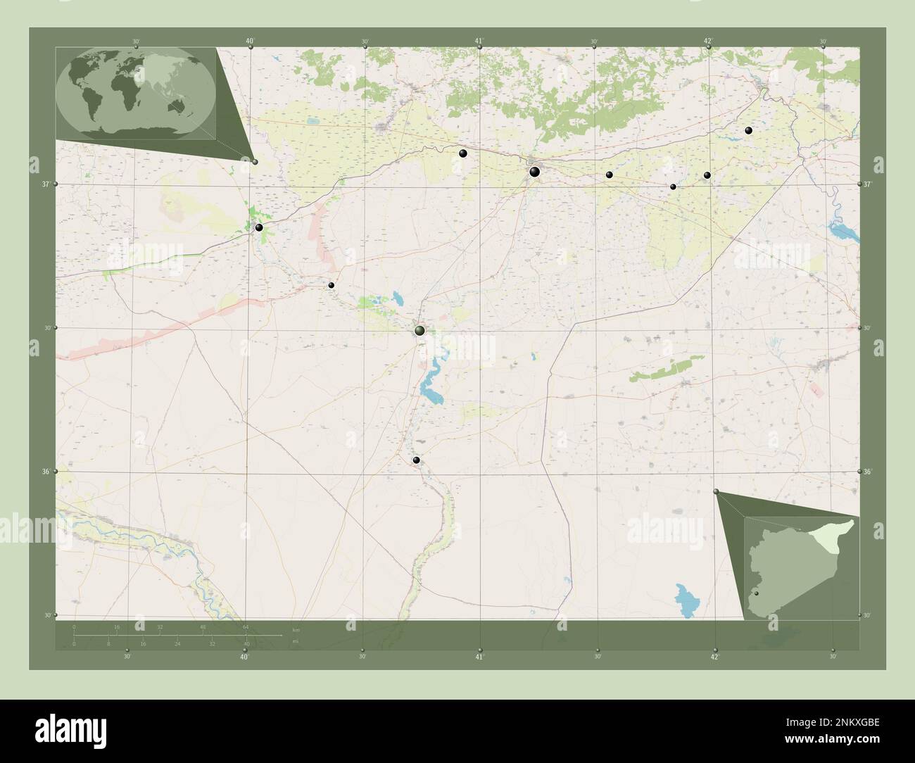 Al Hasakah, province of Syria. Open Street Map. Locations of major ...