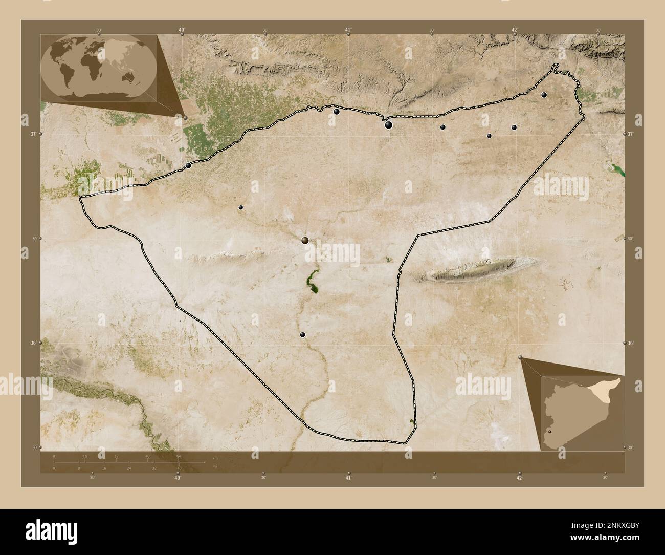 Al Hasakah, province of Syria. Low resolution satellite map. Locations ...