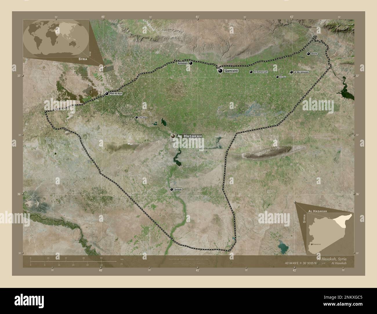 Al Hasakah, province of Syria. High resolution satellite map. Locations ...