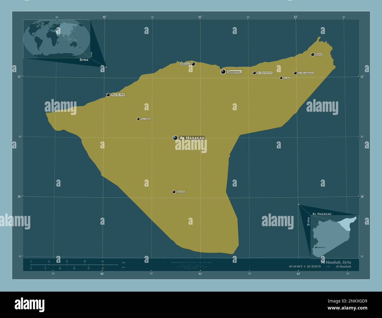 Al Hasakah, province of Syria. Solid color shape. Locations and names ...