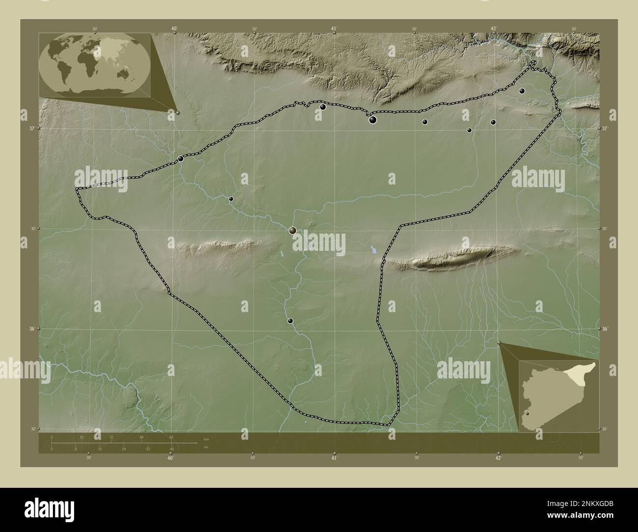Al Hasakah, province of Syria. Elevation map colored in wiki style with ...