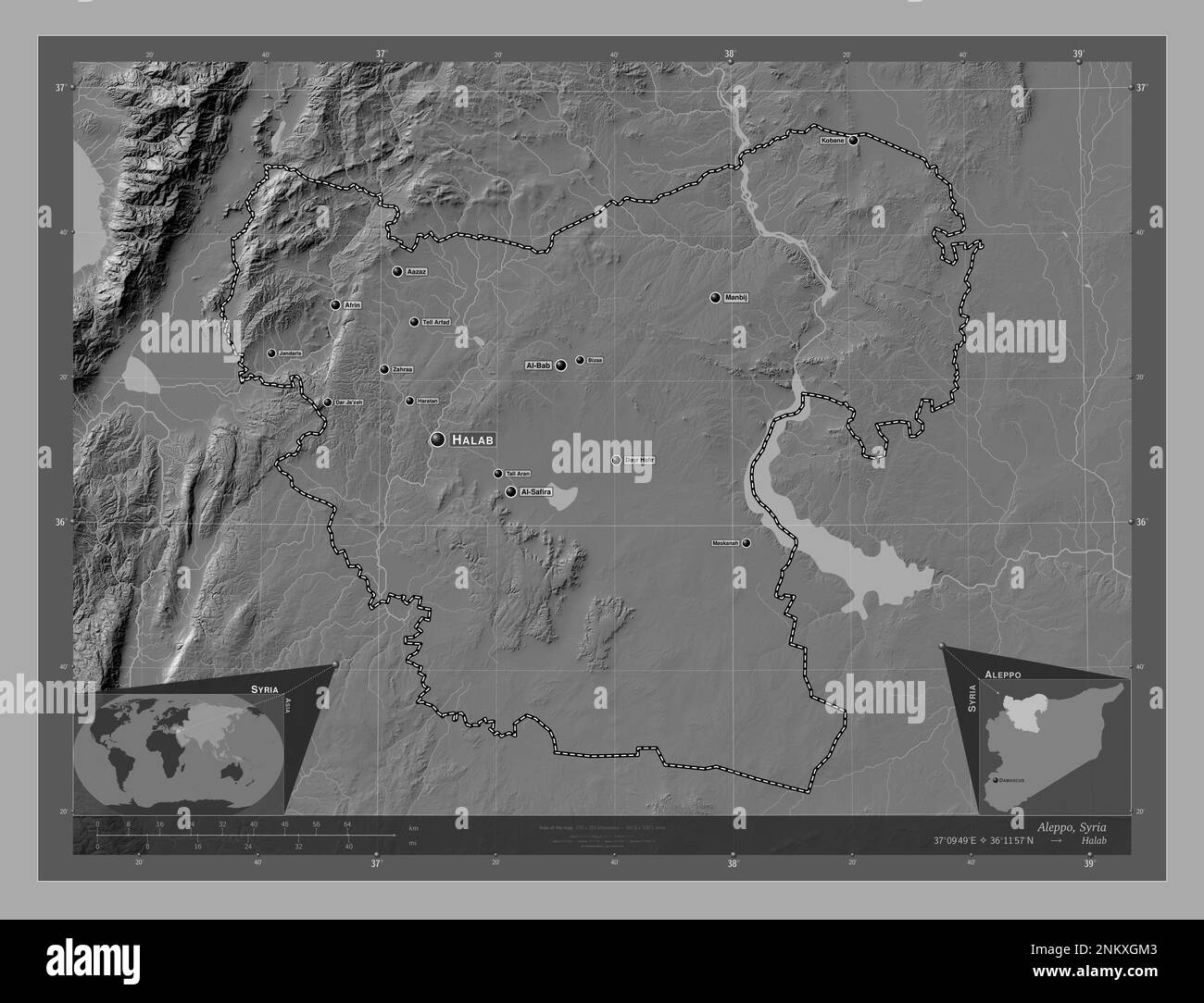 Aleppo, province of Syria. Bilevel elevation map with lakes and rivers ...