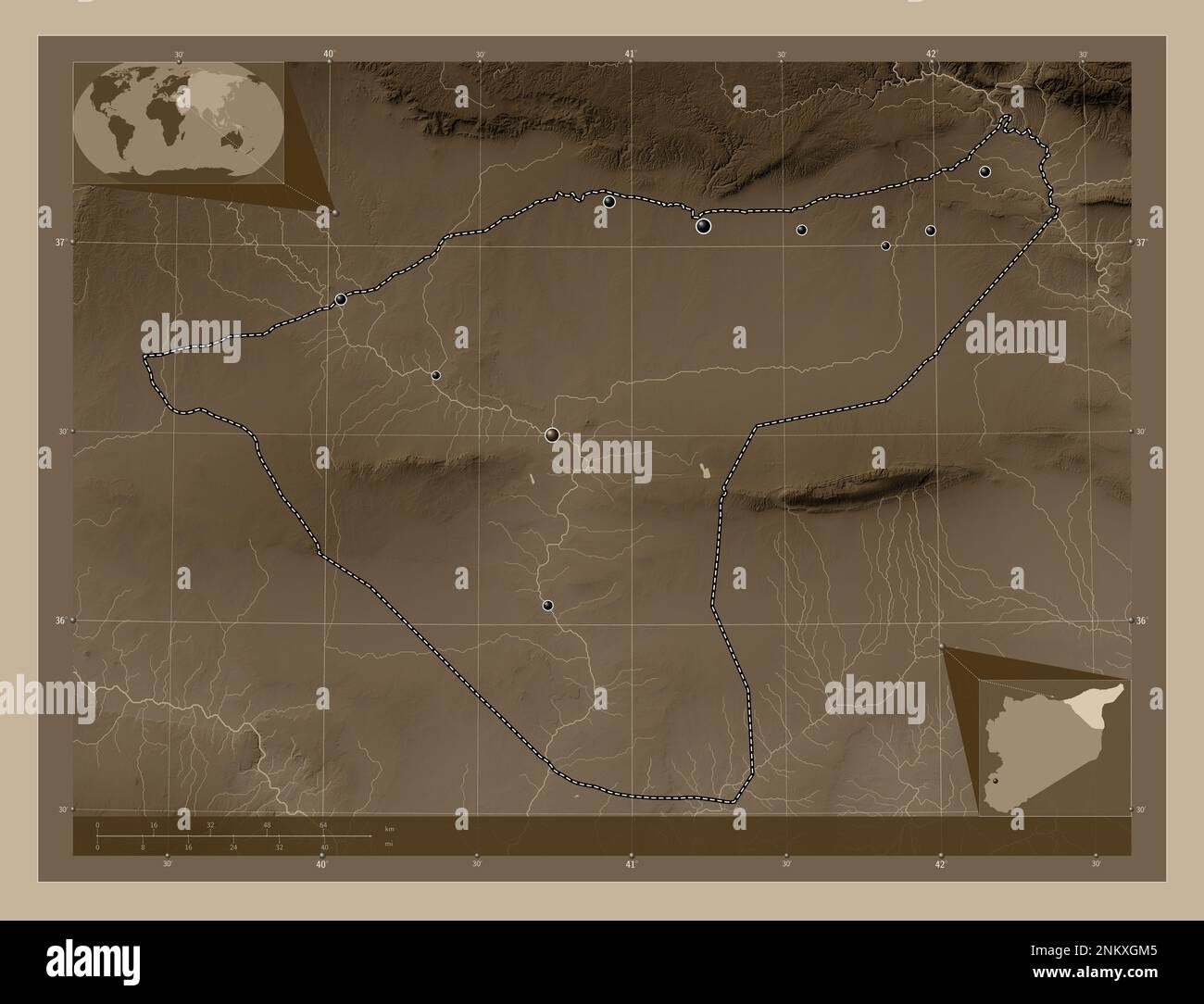 Al Hasakah, province of Syria. Elevation map colored in sepia tones ...