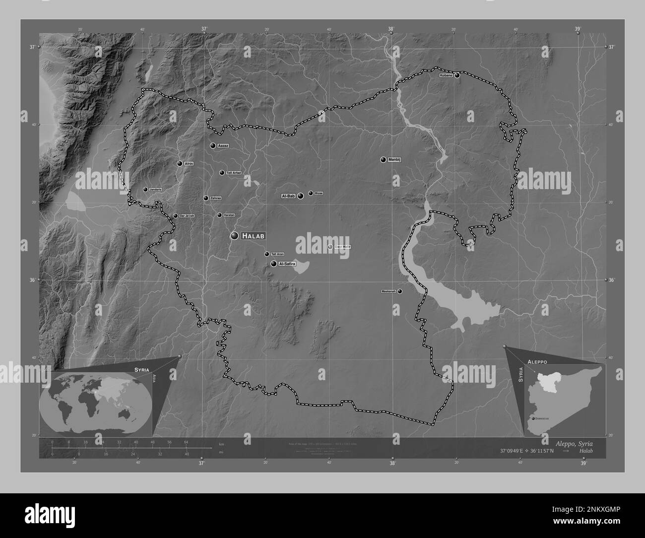 Aleppo, province of Syria. Grayscale elevation map with lakes and ...