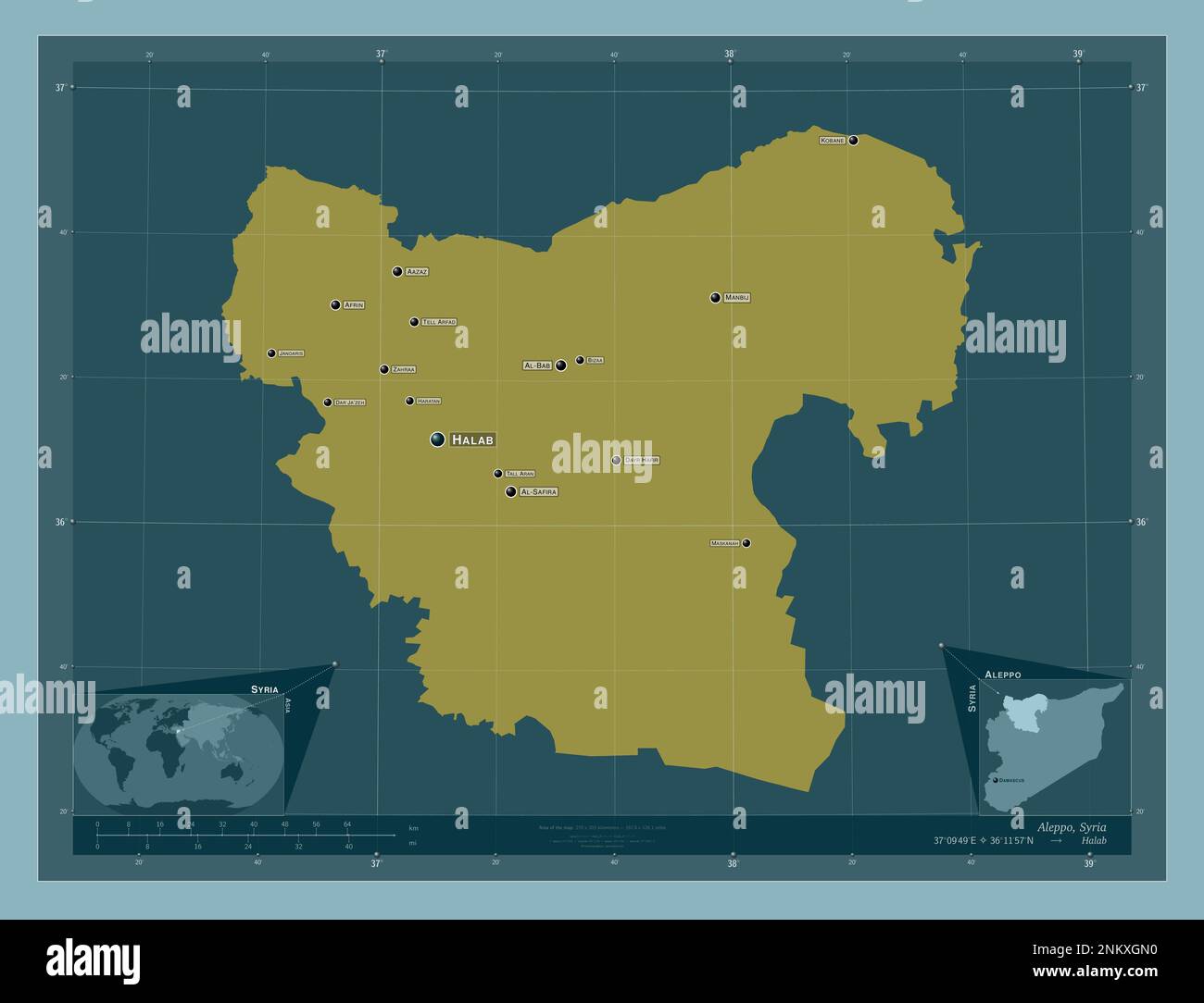 Aleppo, province of Syria. Solid color shape. Locations and names of ...