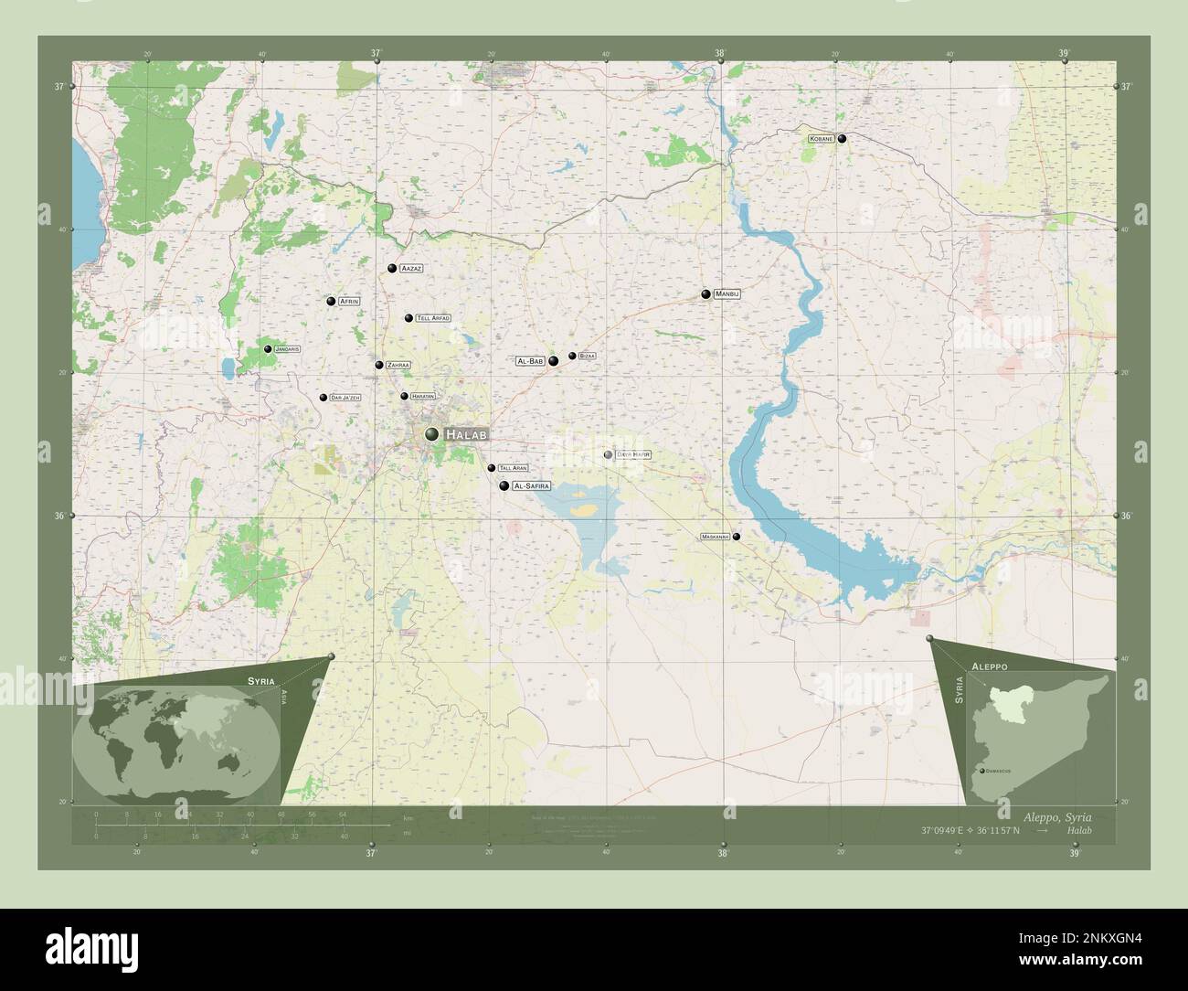 Aleppo, province of Syria. Open Street Map. Locations and names of ...