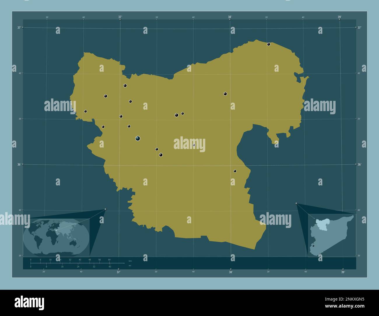 Aleppo, province of Syria. Solid color shape. Locations of major cities ...