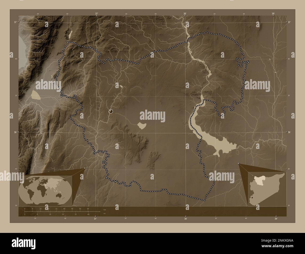 Aleppo, province of Syria. Elevation map colored in sepia tones with ...