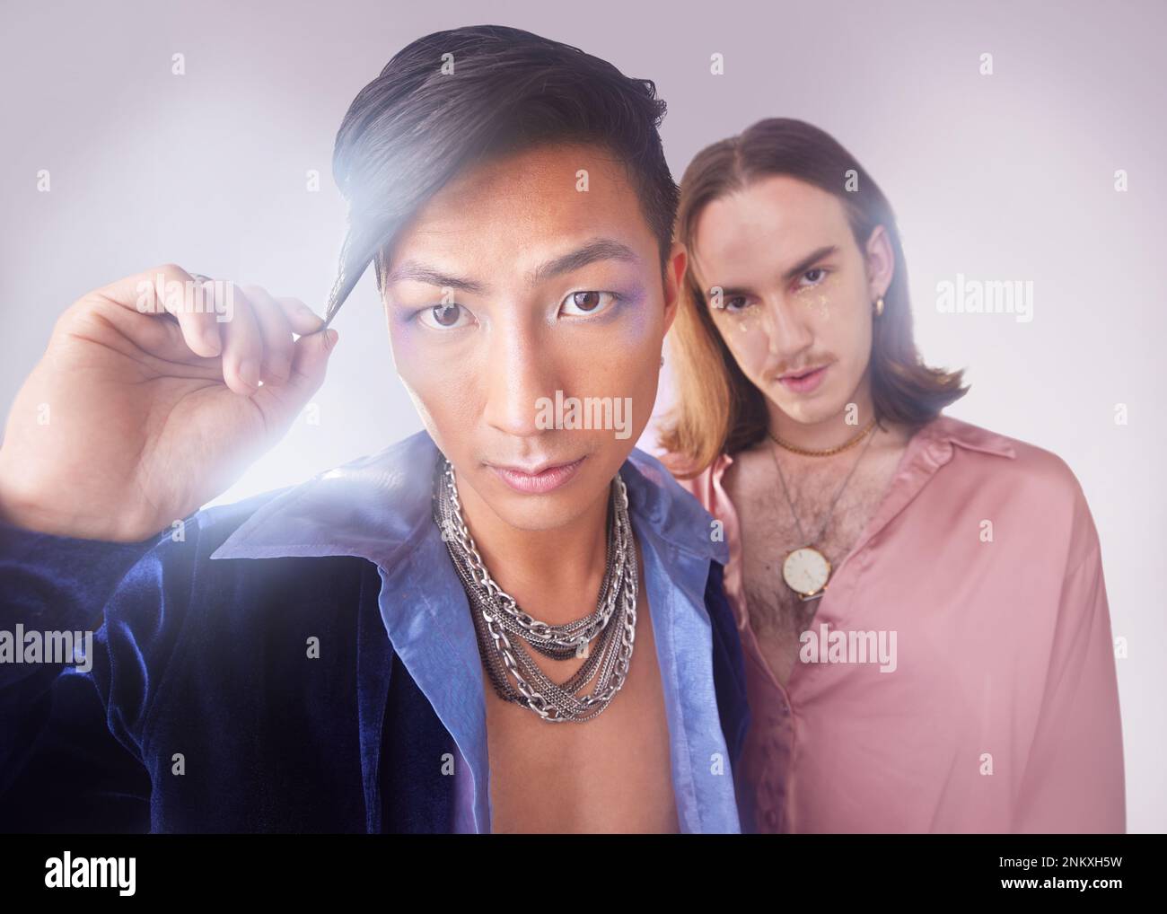 Gay, makeup portrait and people isolated on studio background in beauty ...