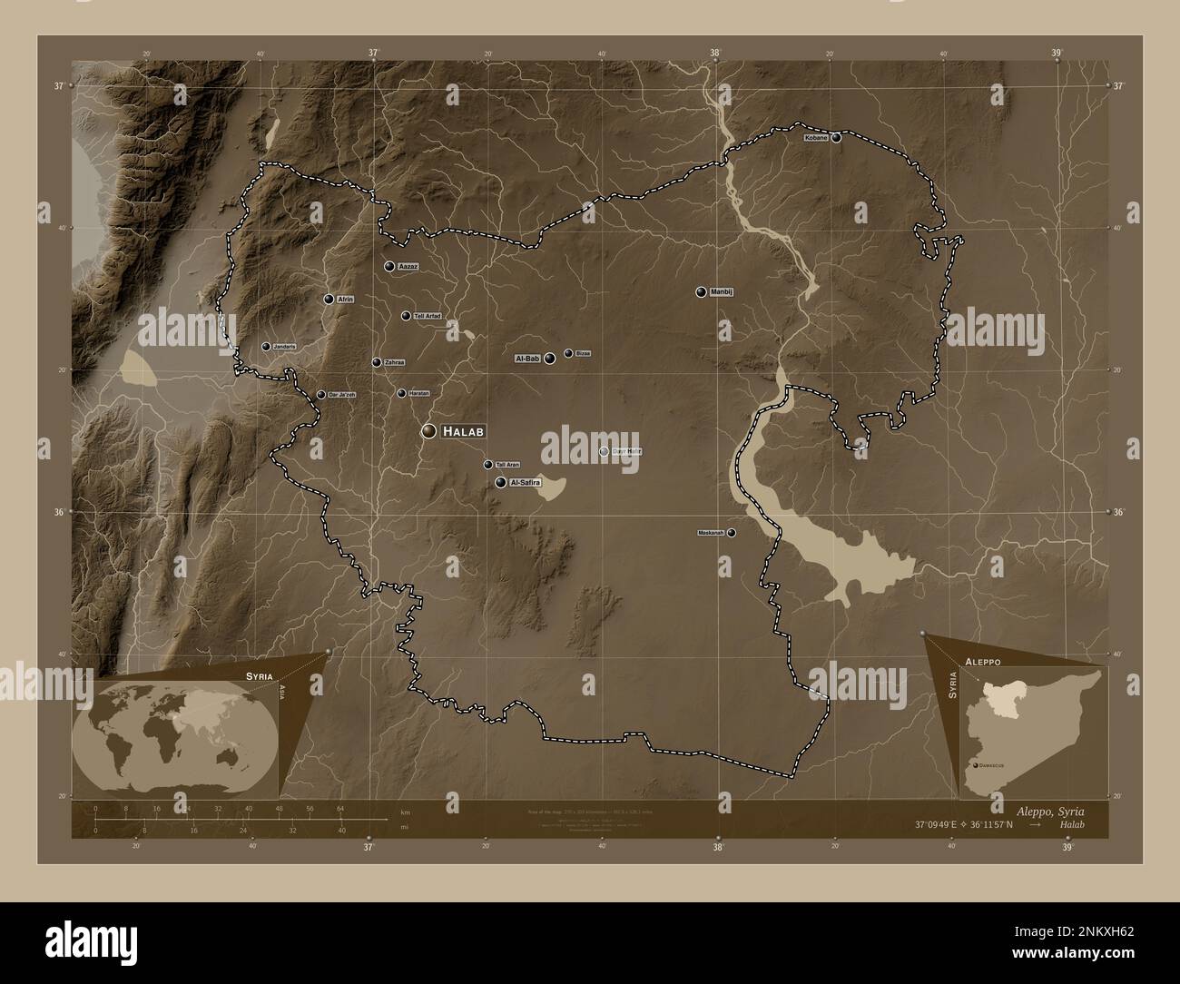 Aleppo, province of Syria. Elevation map colored in sepia tones with ...