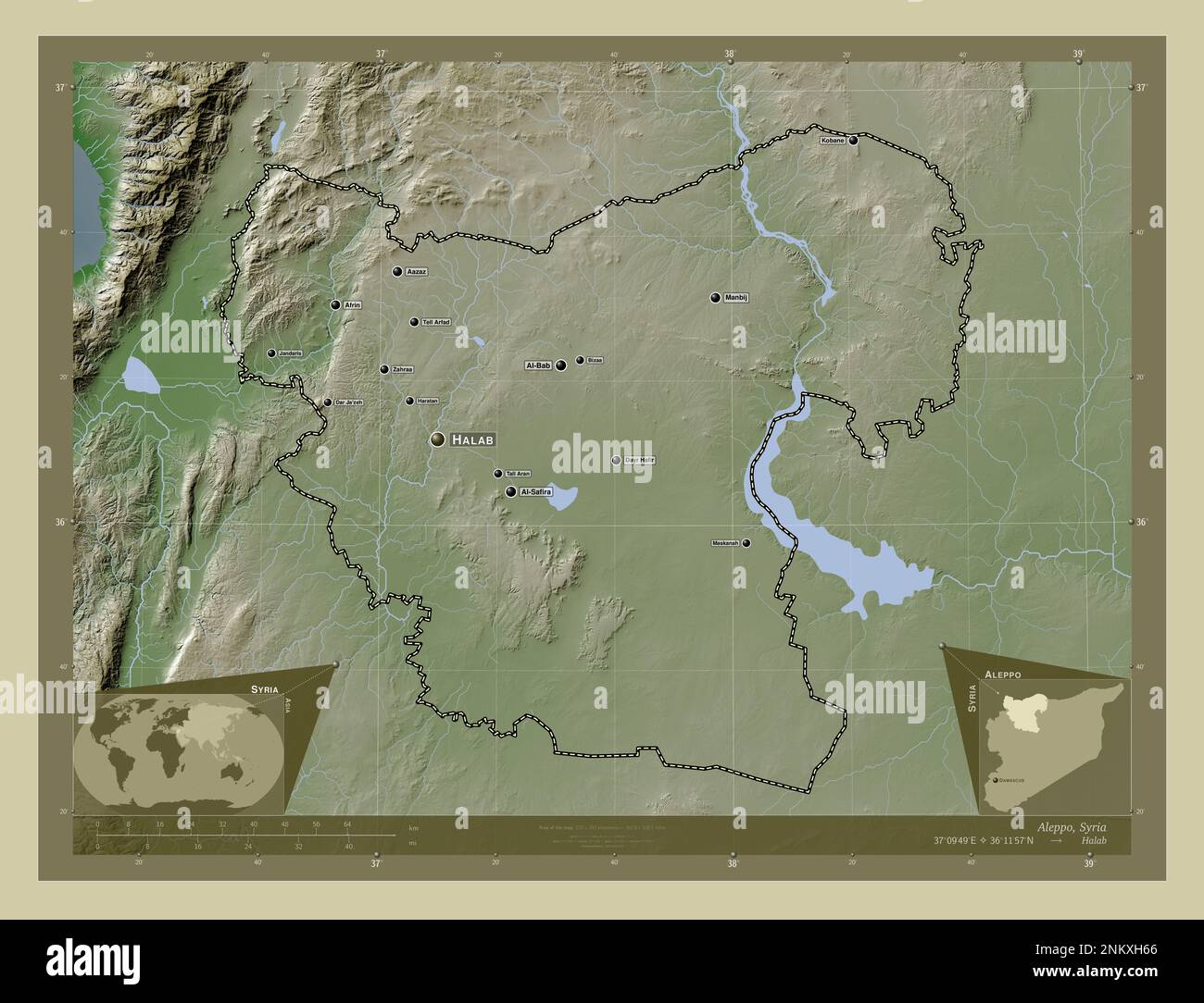 Aleppo, province of Syria. Elevation map colored in wiki style with ...