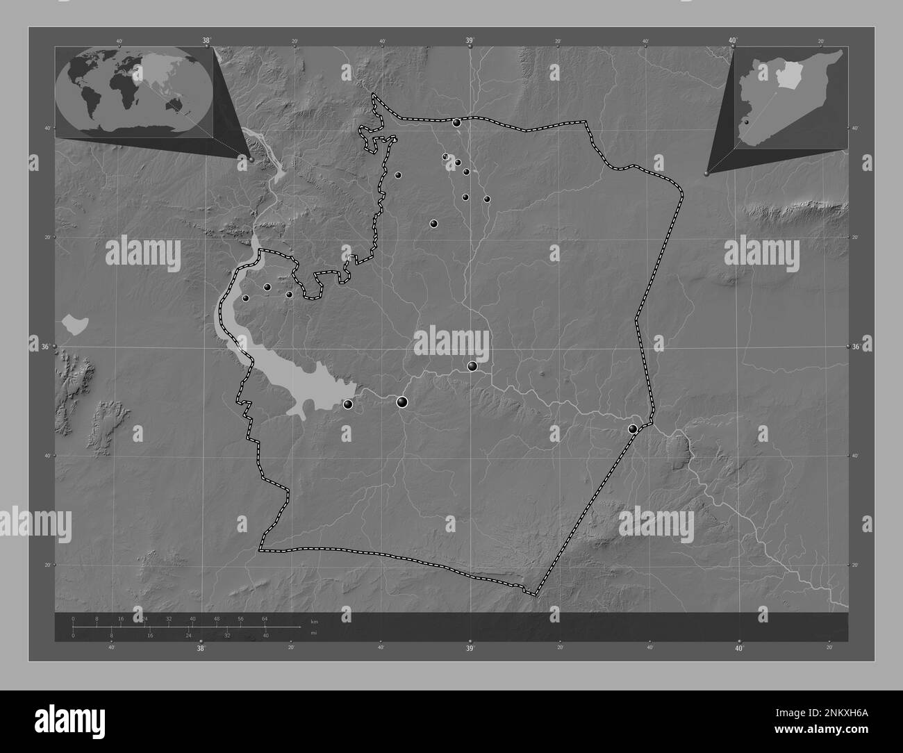 Ar Raqqah, province of Syria. Bilevel elevation map with lakes and ...