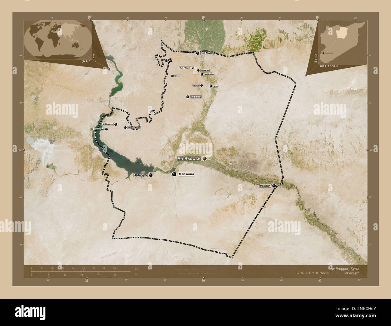 Ar Raqqah, province of Syria. Low resolution satellite map. Locations ...