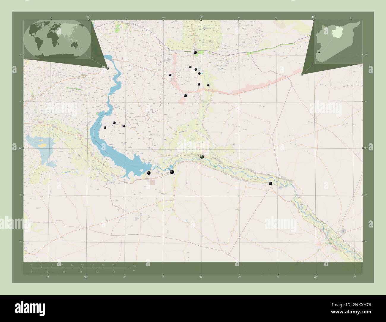 Ar Raqqah, province of Syria. Open Street Map. Locations of major ...