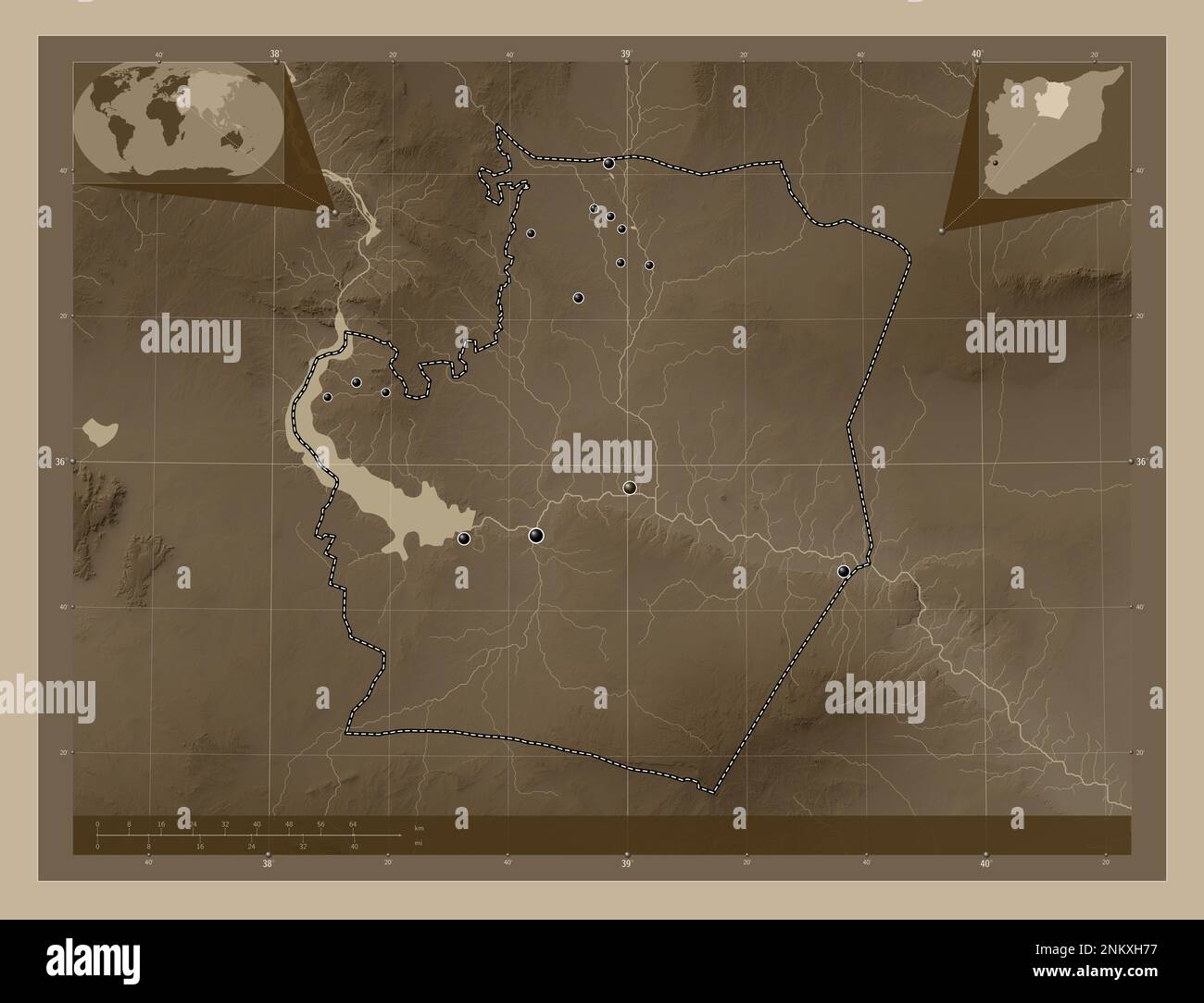 Ar Raqqah, province of Syria. Elevation map colored in sepia tones with ...