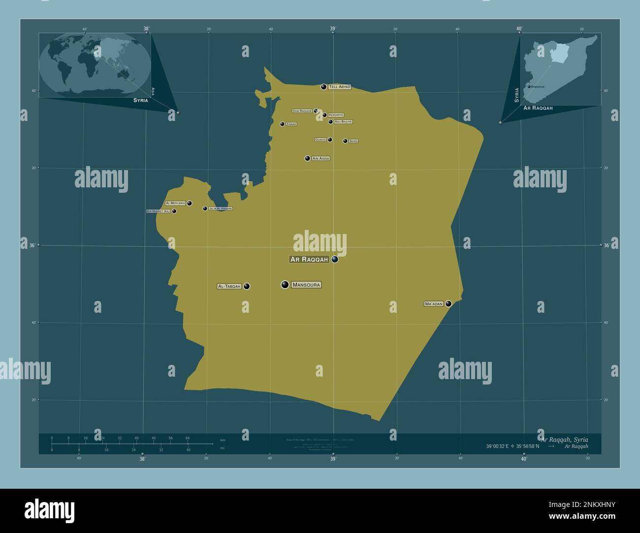 Ar Raqqah, province of Syria. Solid color shape. Locations and names of ...