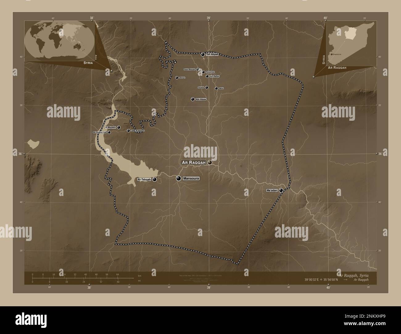 Ar Raqqah, province of Syria. Elevation map colored in sepia tones with ...