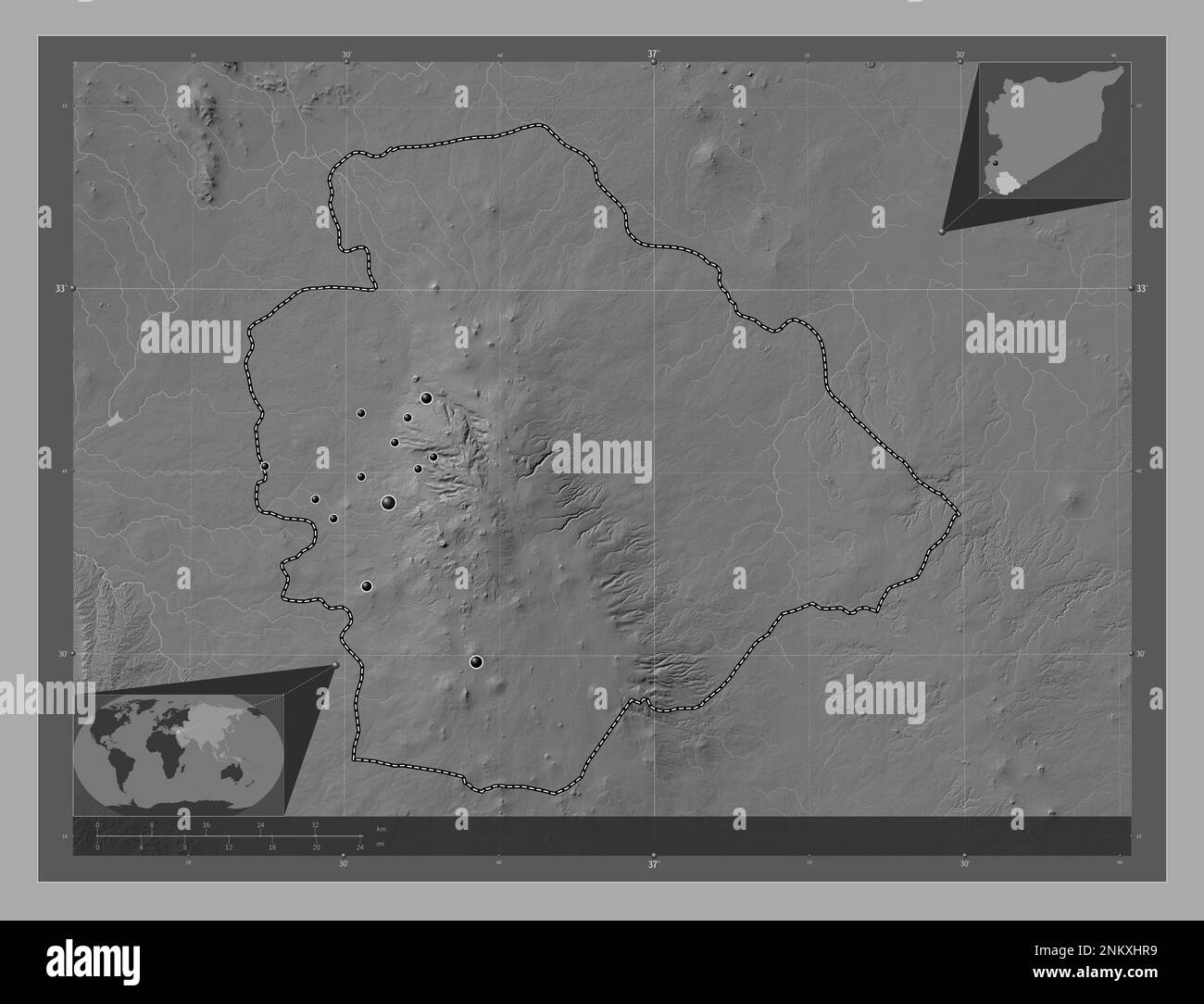 As Suwayda', province of Syria. Bilevel elevation map with lakes and ...