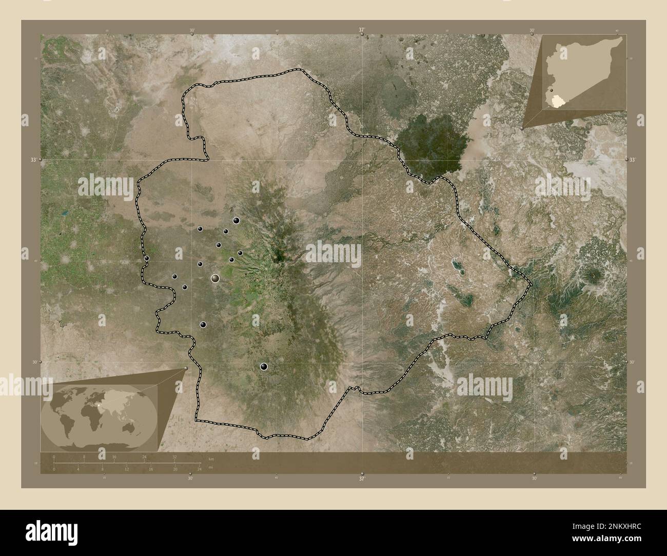 As Suwayda', province of Syria. High resolution satellite map. Locations of major cities of the ...