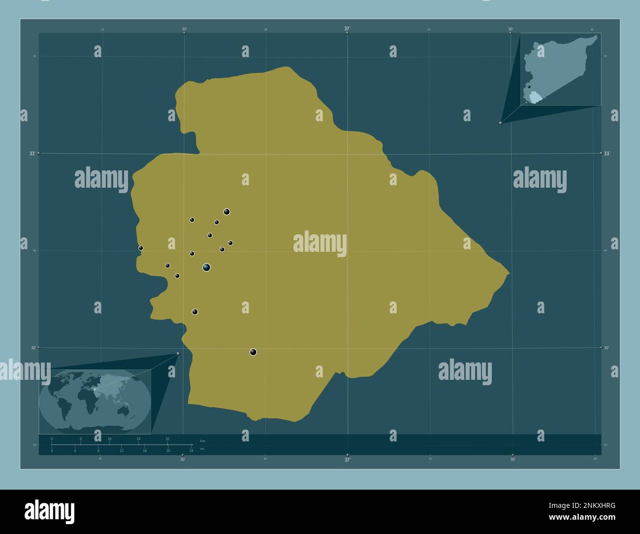 As Suwayda', province of Syria. Solid color shape. Locations of major ...