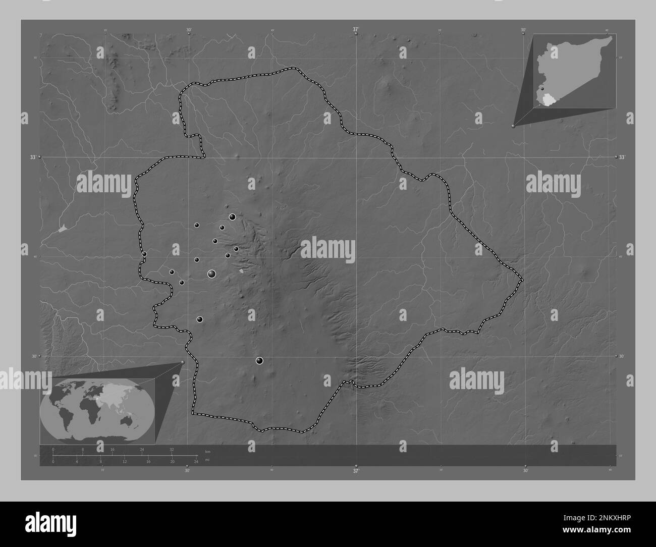 As Suwayda', province of Syria. Grayscale elevation map with lakes and ...