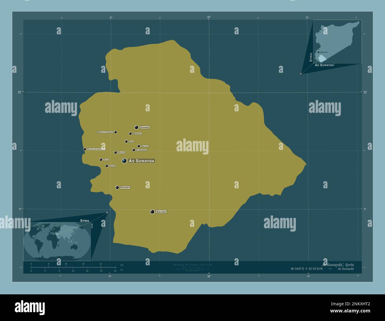 As Suwayda', province of Syria. Solid color shape. Locations and names ...