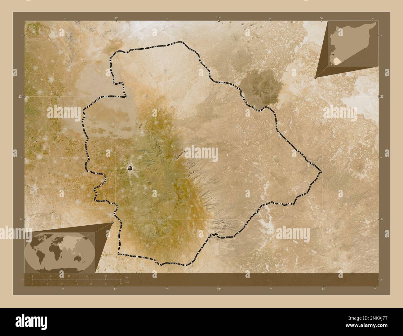 As Suwayda', province of Syria. Low resolution satellite map. Corner ...