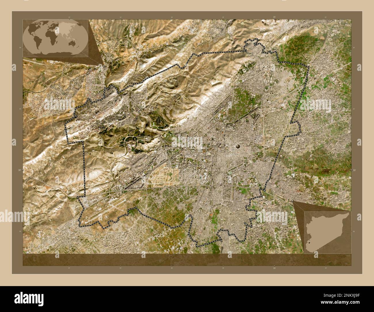 Damascus, province of Syria. Low resolution satellite map. Locations of ...