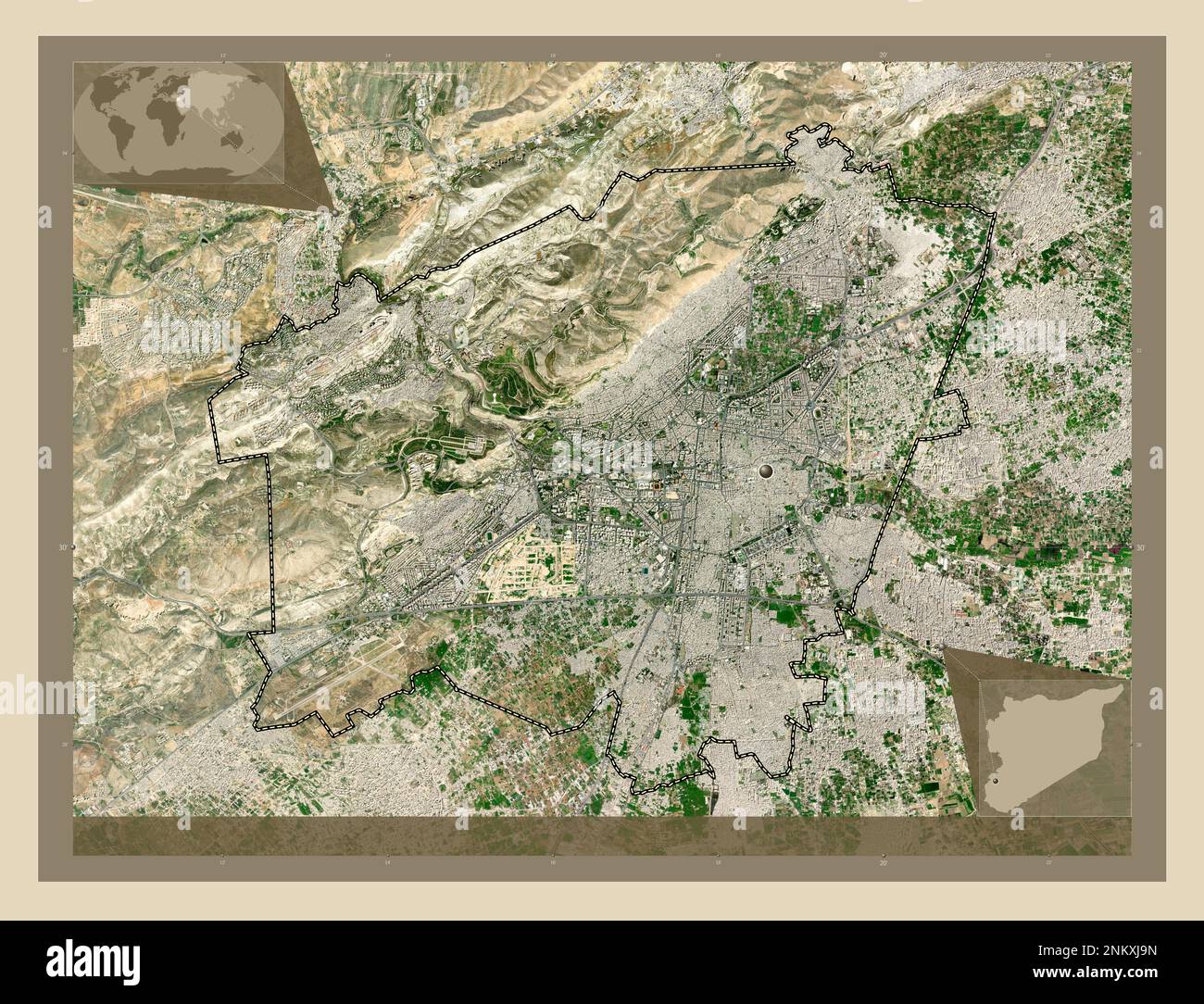 Damascus, province of Syria. High resolution satellite map. Locations of major cities of the ...