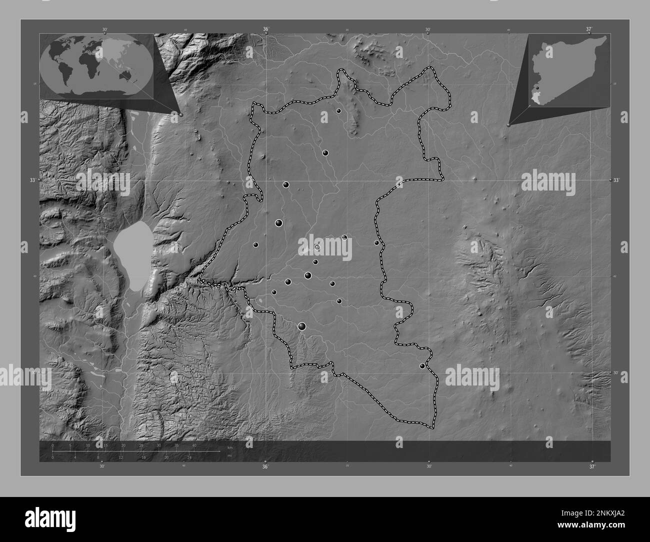 Dar`a, province of Syria. Bilevel elevation map with lakes and rivers ...