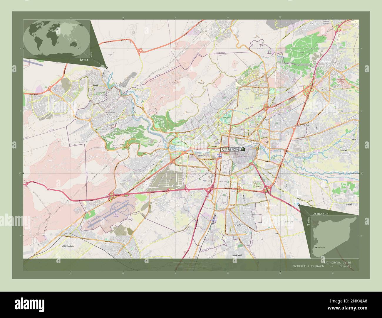 Damascus, province of Syria. Open Street Map. Locations and names of ...