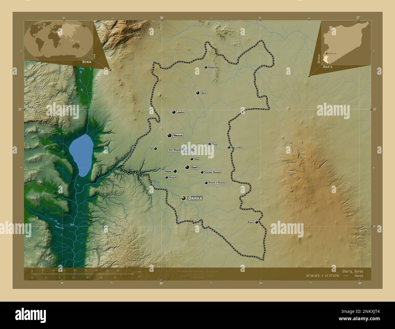 Dar`a, province of Syria. Colored elevation map with lakes and rivers ...