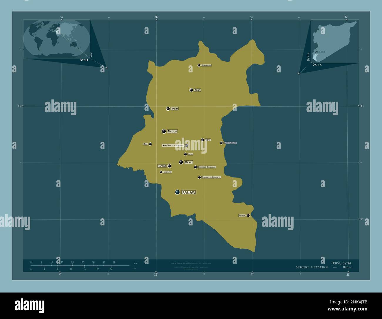 Dar`a, province of Syria. Solid color shape. Locations and names of ...