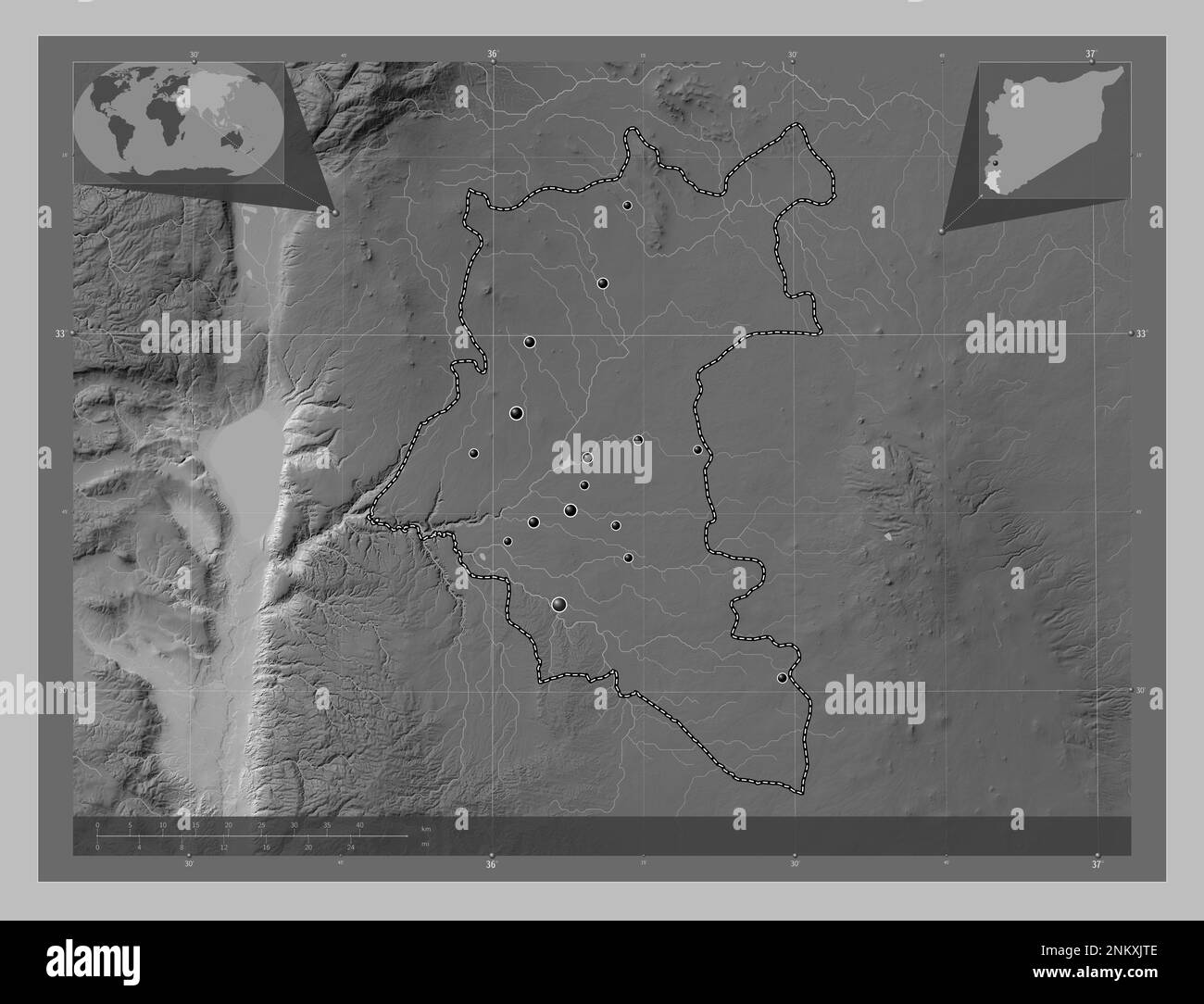 Dar`a, province of Syria. Grayscale elevation map with lakes and rivers ...