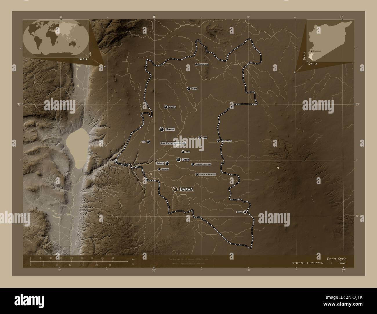 Dar`a, province of Syria. Elevation map colored in sepia tones with ...