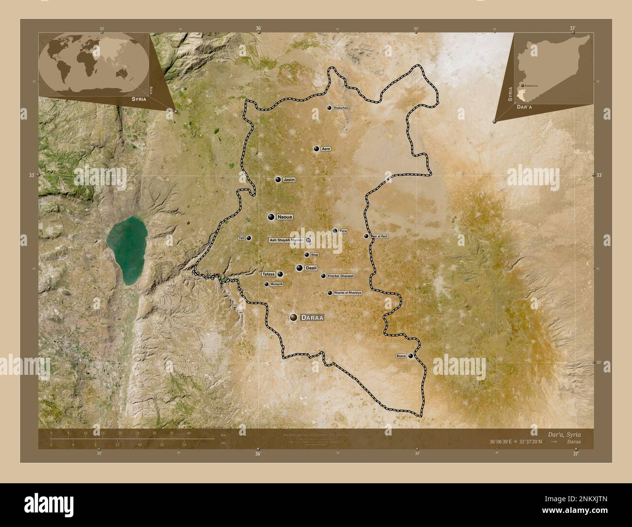 Dar`a, province of Syria. Low resolution satellite map. Locations and ...