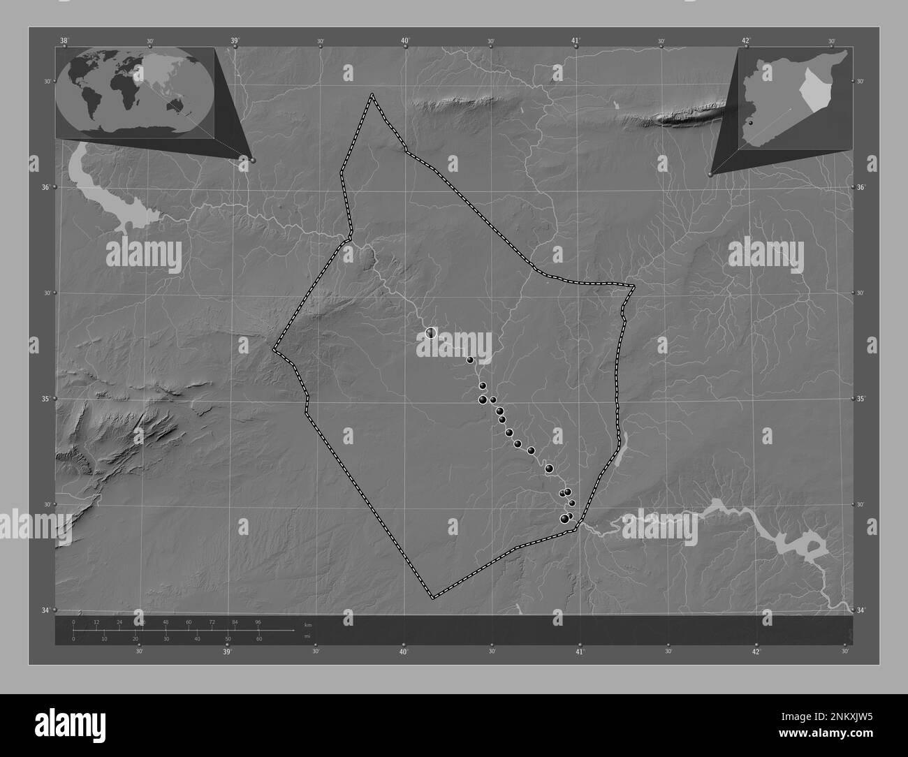 Dayr Az Zawr, province of Syria. Bilevel elevation map with lakes and ...