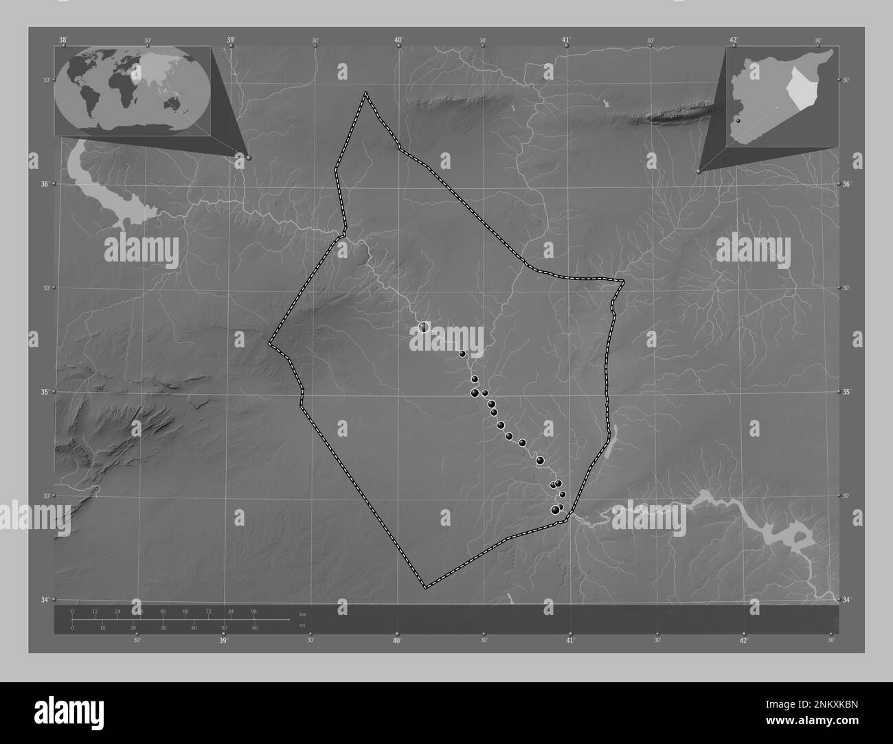 Dayr Az Zawr, province of Syria. Grayscale elevation map with lakes and ...