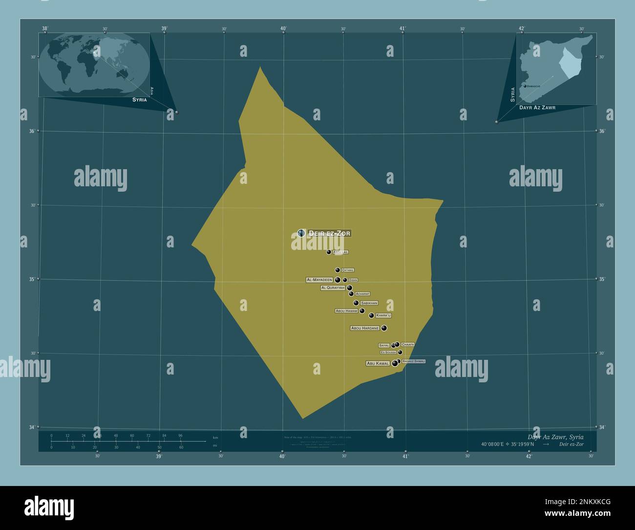 Dayr Az Zawr, province of Syria. Solid color shape. Locations and names ...