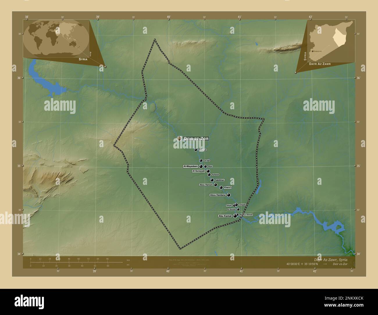 Dayr Az Zawr, province of Syria. Colored elevation map with lakes and ...