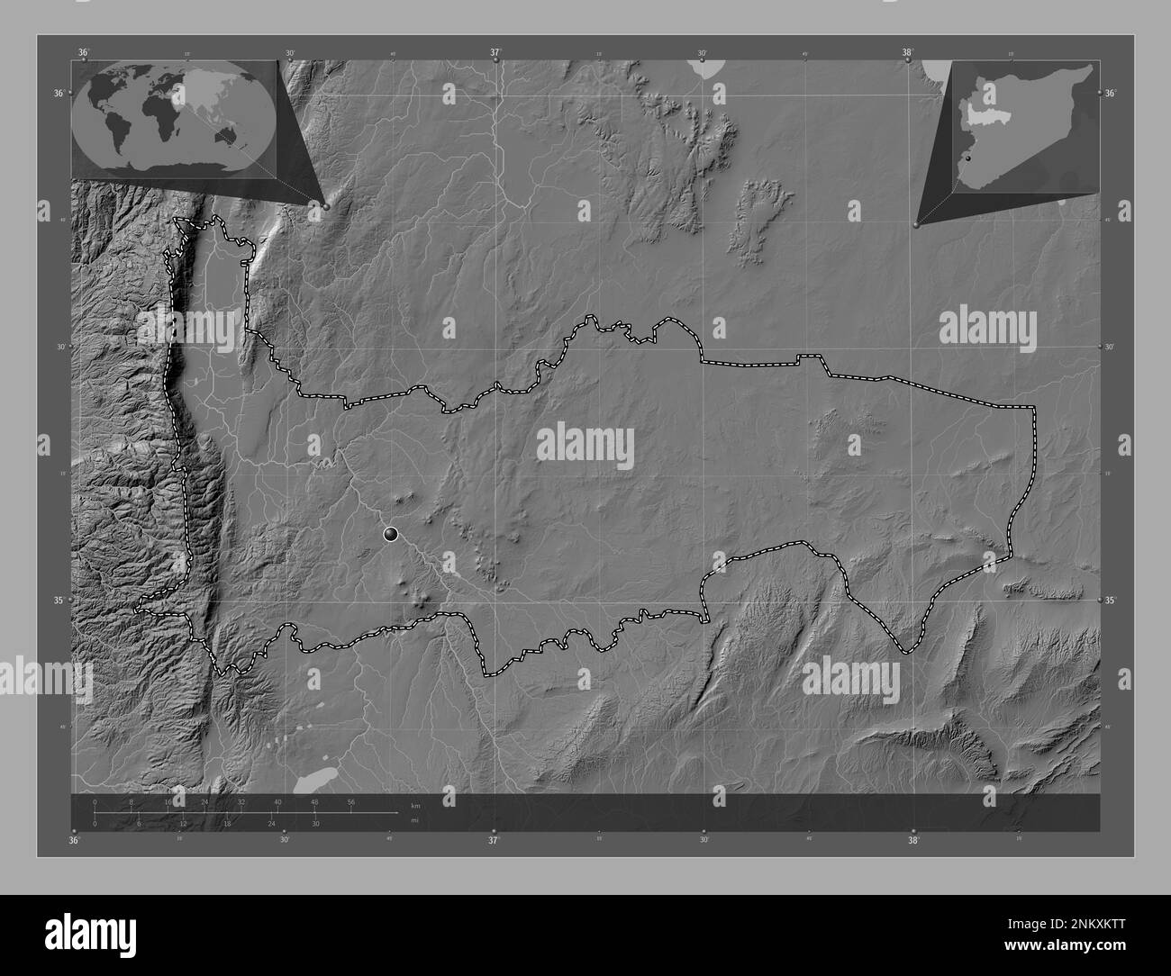 Hamah, province of Syria. Bilevel elevation map with lakes and rivers. Corner auxiliary location ...