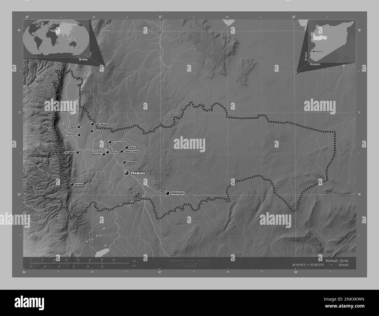 Hamah, province of Syria. Grayscale elevation map with lakes and rivers ...