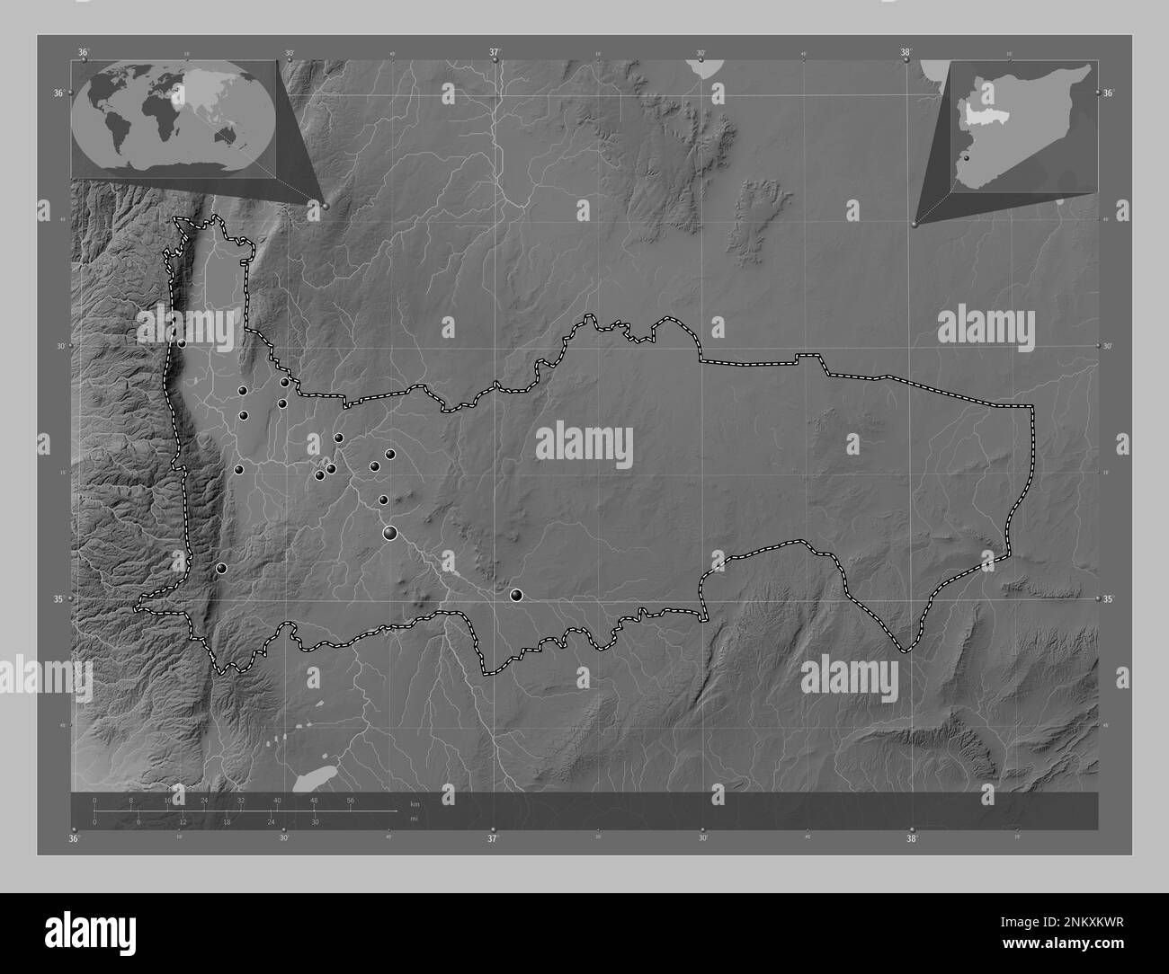 Hamah, province of Syria. Grayscale elevation map with lakes and rivers ...