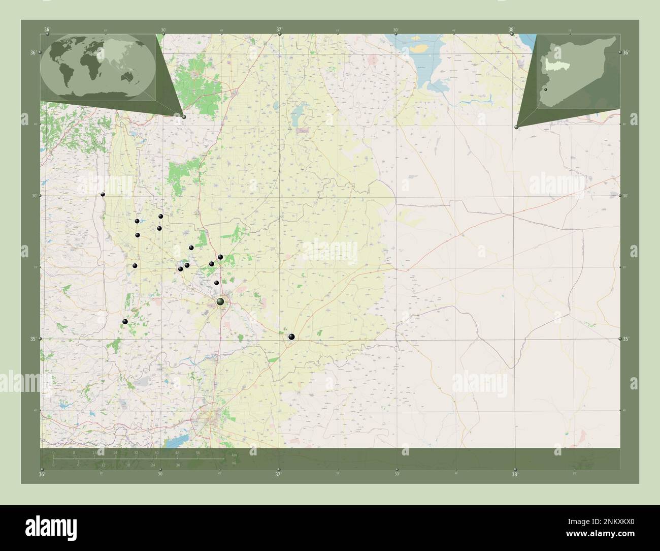 Hamah, province of Syria. Open Street Map. Locations of major cities of ...