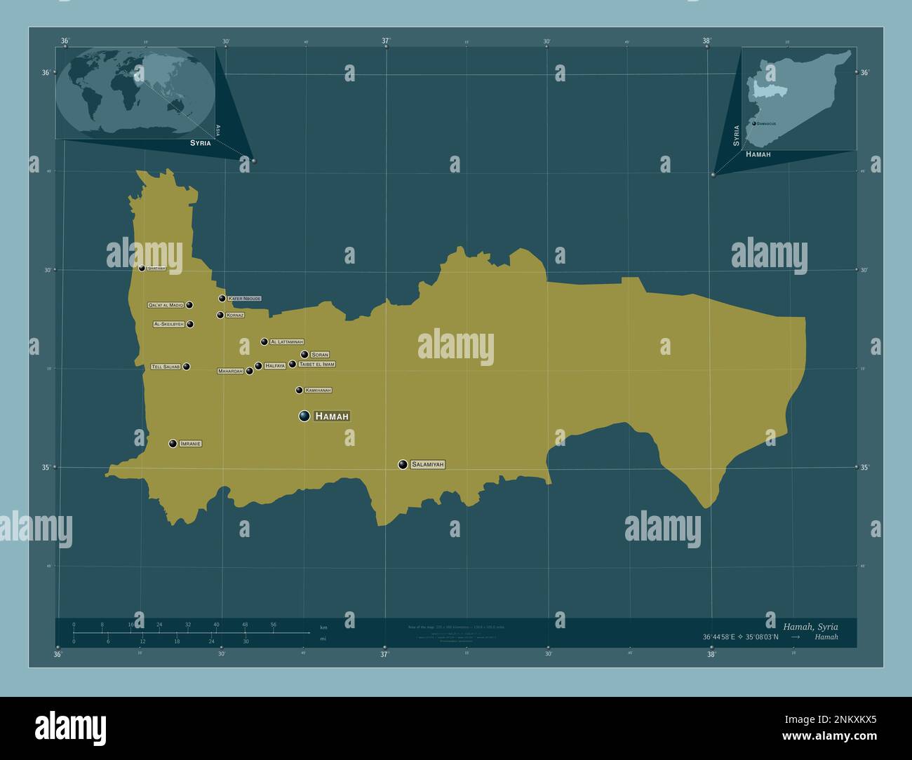 Hamah, province of Syria. Solid color shape. Locations and names of ...